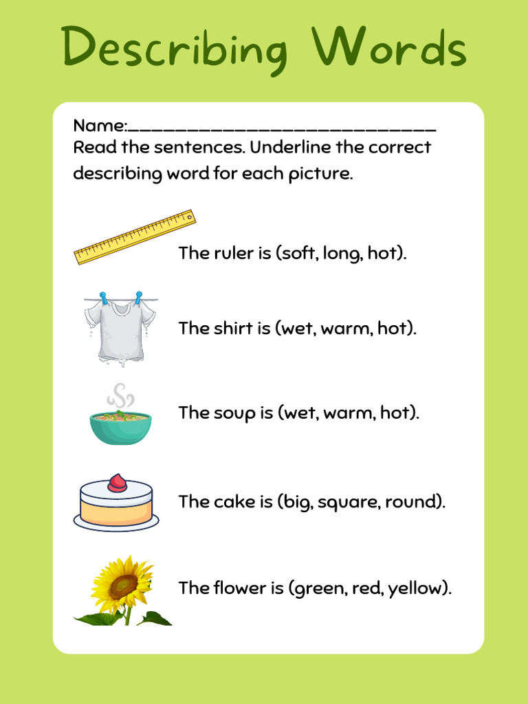 Describing Words Simple English Worksheet | PDF