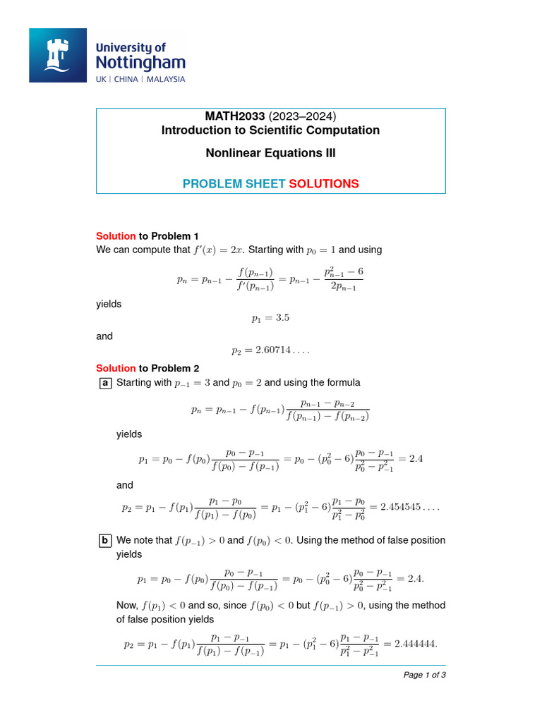 Nonlinear Equations III Problem Sheet Solutions | PDF | Equations ...