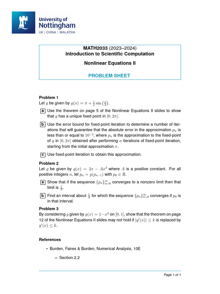 Nonlinear Equations II Problem Sheet | PDF