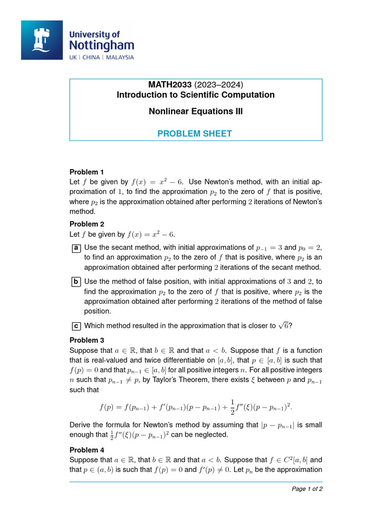 Nonlinear Equations III Problem Sheet | PDF | Mathematical Analysis | Mathematical Relations
