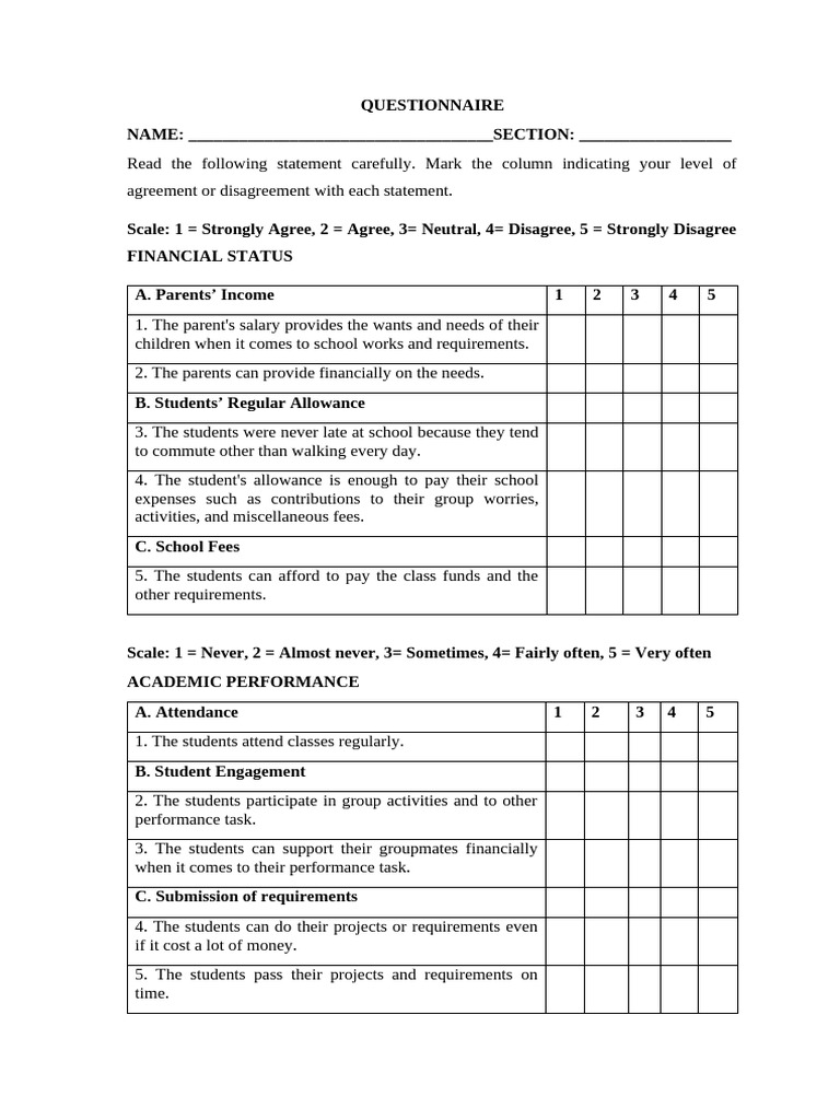 Student Financial Status Questionnaire | PDF