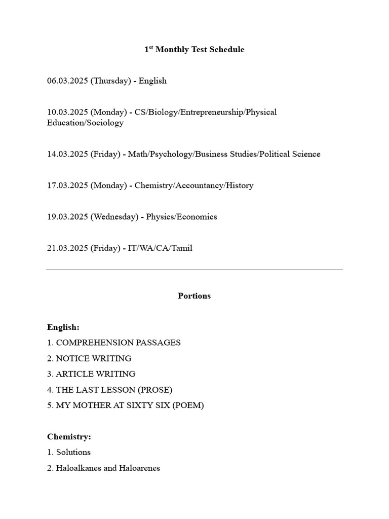 1st Monthly Test Schedule and Portions | PDF