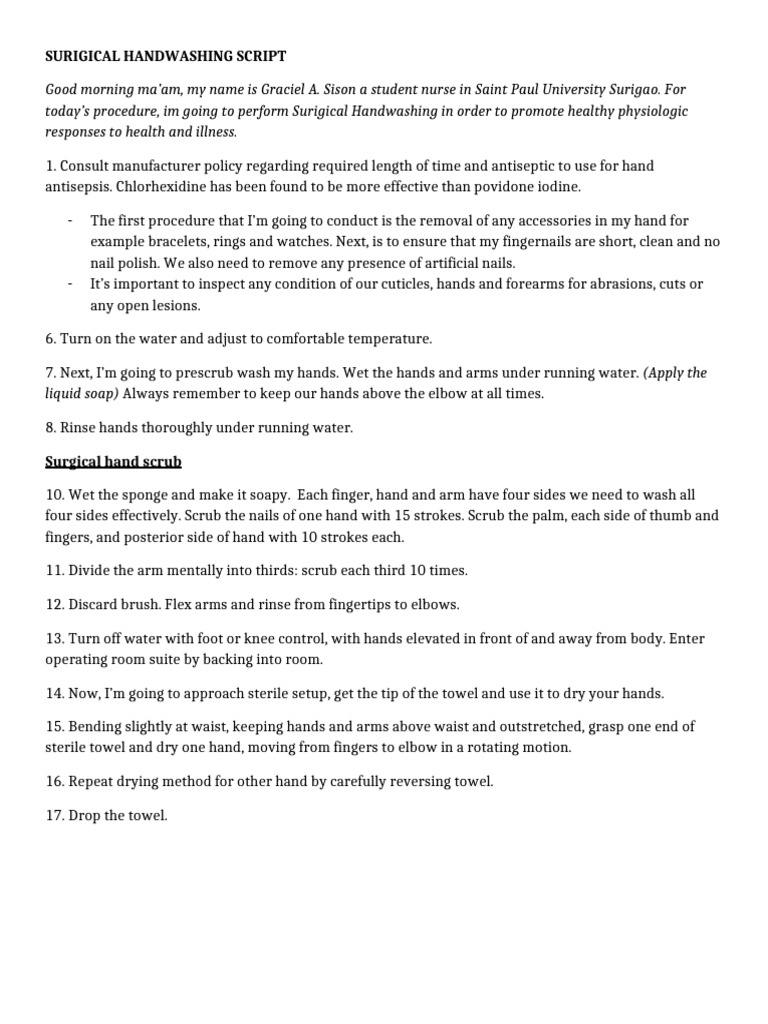 SCRIPT- Srugical handwashing and Donning | PDF | Hand Washing