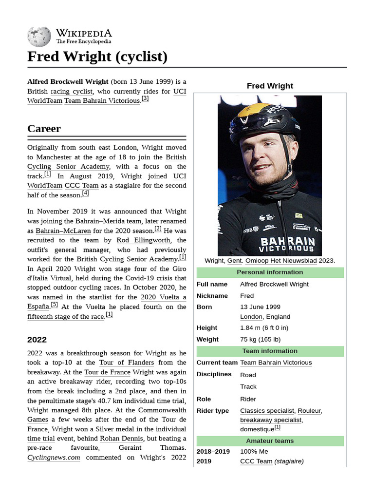 Fred_Wright_(cyclist) | PDF | Road Bicycle Racing | Cycle Sport