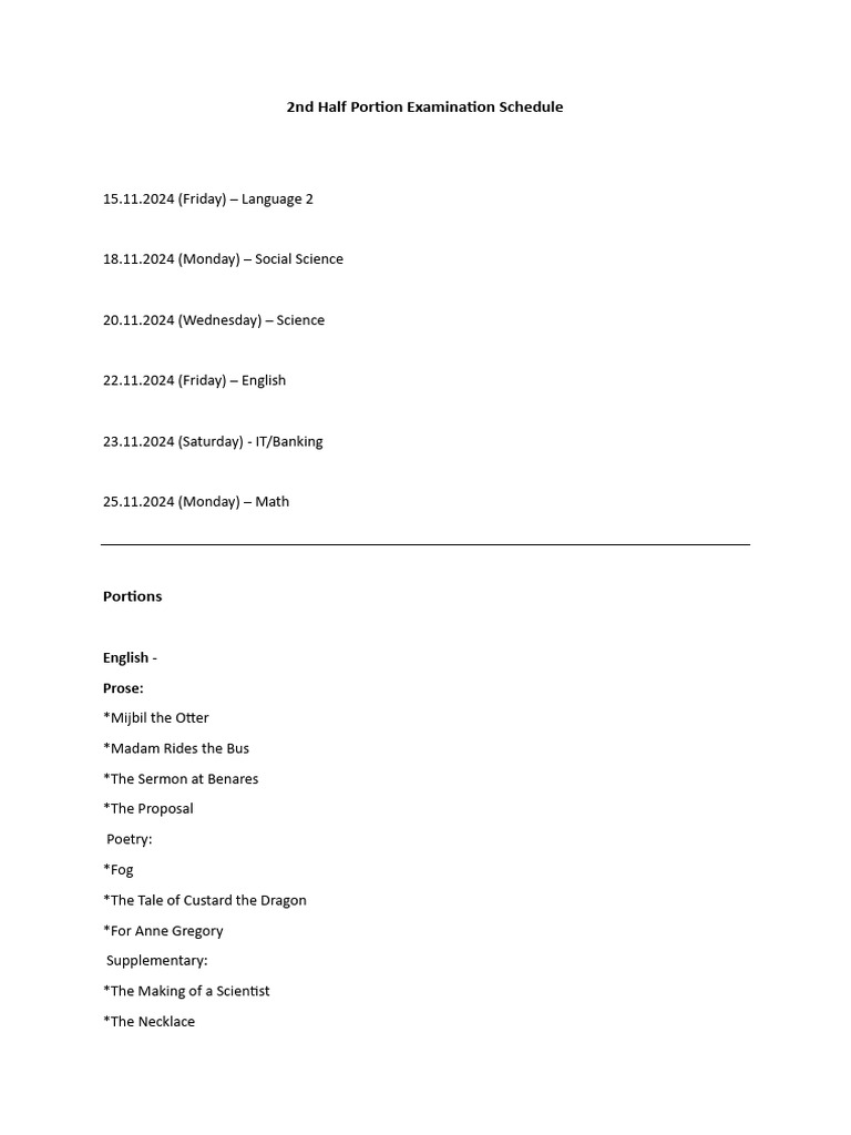 Grade 10 - 2nd Half Portion Examination Schedule and Portions | PDF