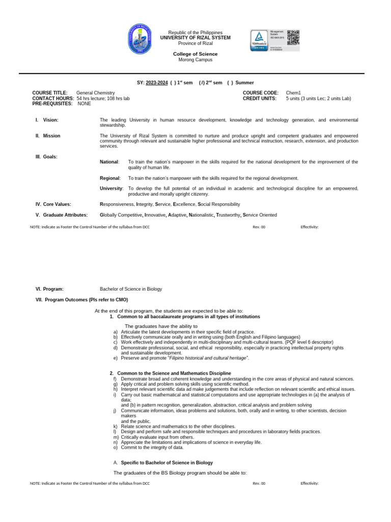 General Chemistry Syllabus 2023-2024 | PDF | Chemical Compounds ...