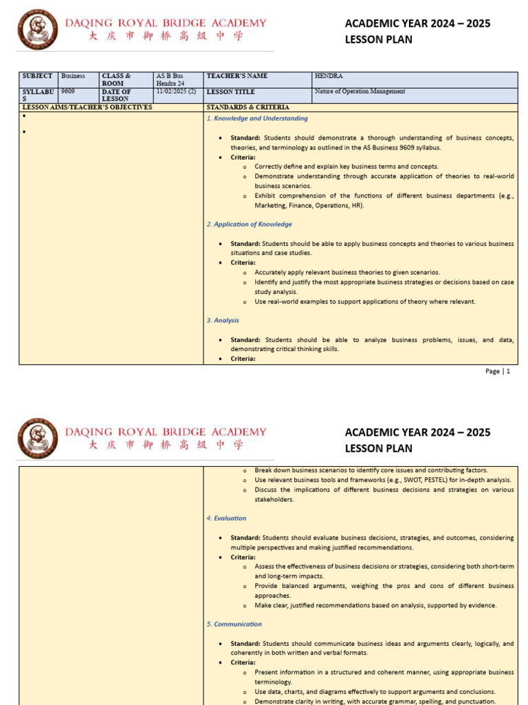 LESSON PLAN Week25b Bus AS 9609 2025 | PDF | Lesson Plan | Theory