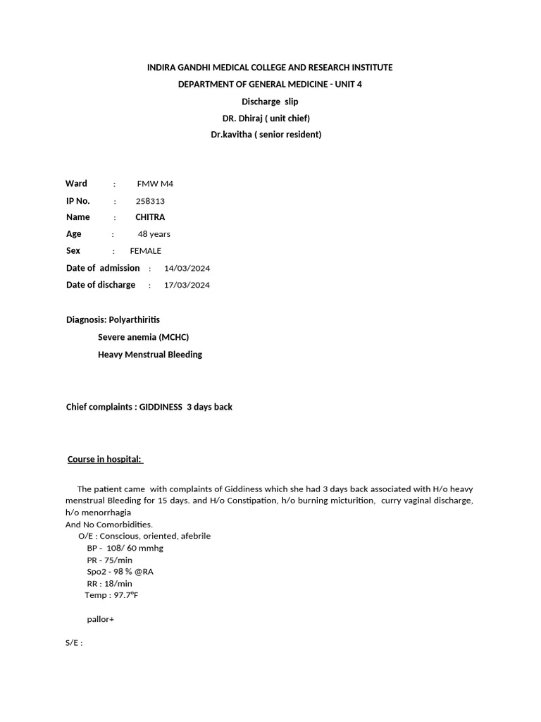 Discharge Summary For Polyarthritis Patient Pdf