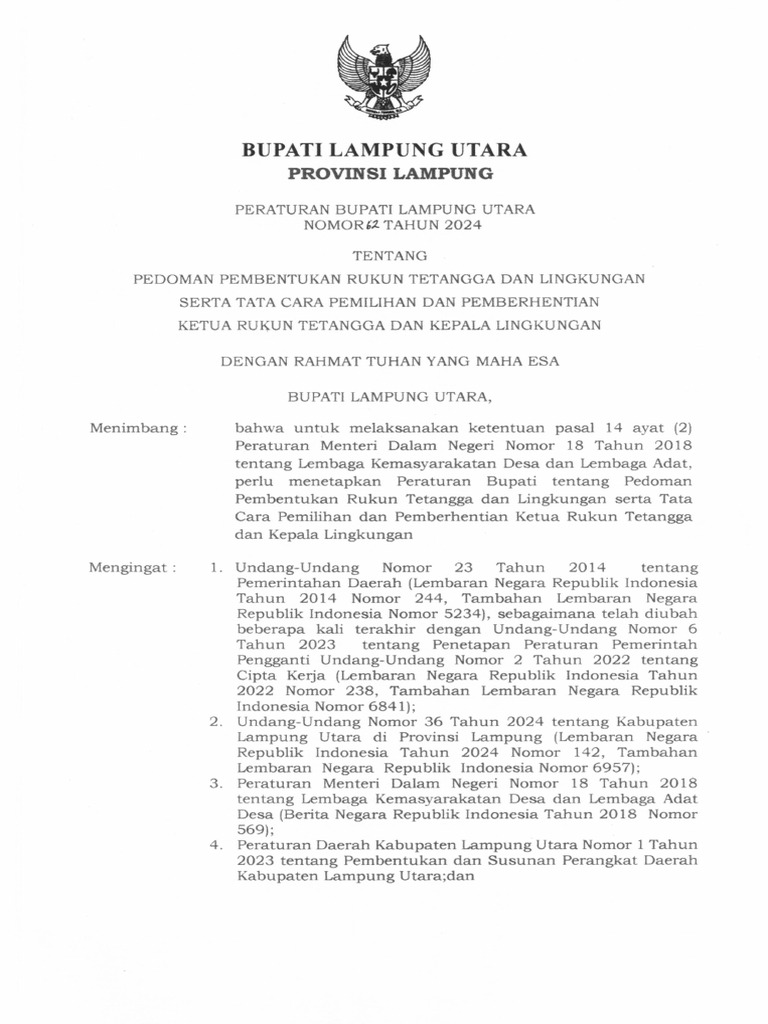 Scan Cap Perbup No 62 Tentng Rukun Tetangga Dan Lingkungan | PDF