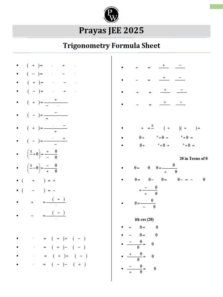 Trigonometry Formula Sheet Prayas JEE 2025 - 240806 - 220413 | PDF ...