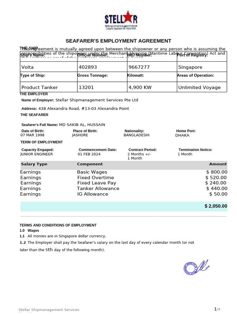 Seafarer Salary Agreement Summary | PDF | Employment | Overtime