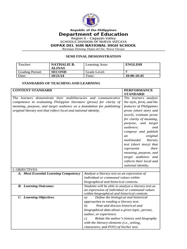 Grade 7 Lesson Plan | PDF | Biography | Learning