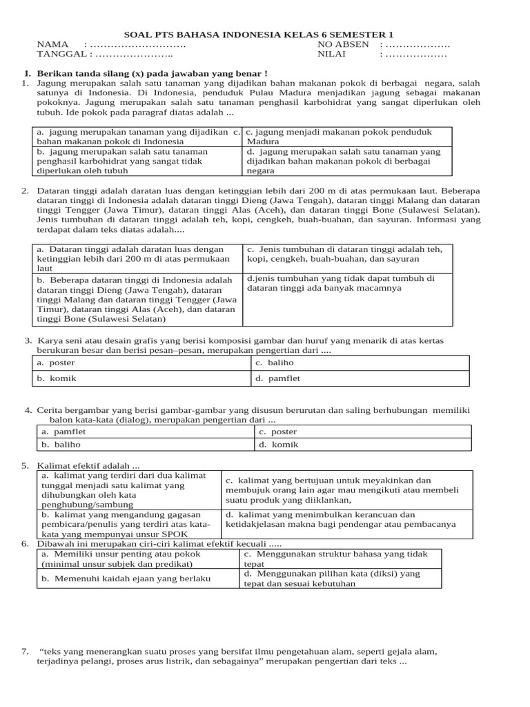 Soal PTS Bahasa Indonesia KLS 6 SM 1 | PDF