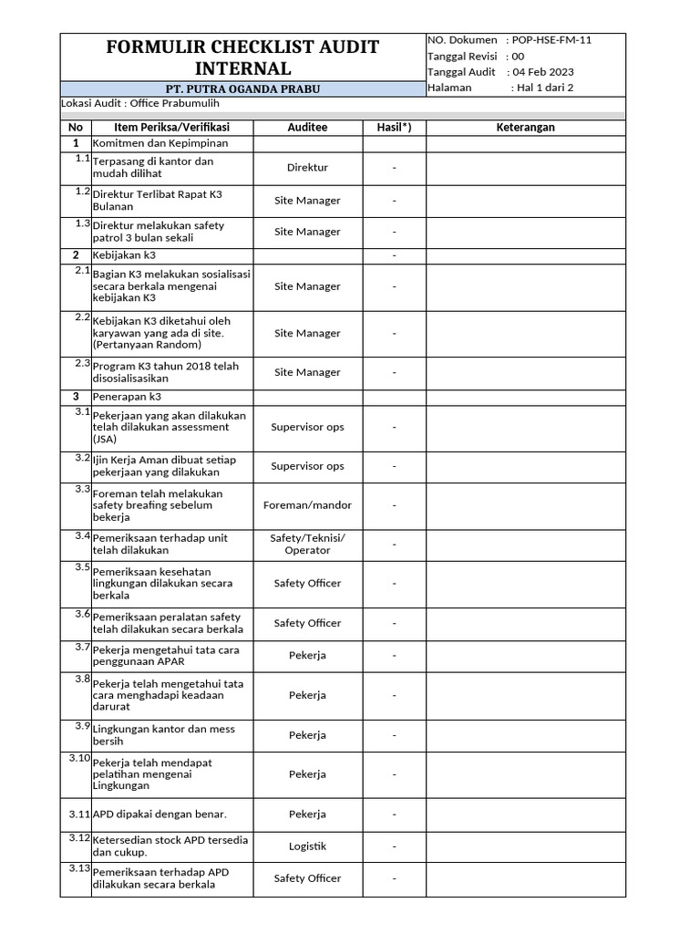 Formulir audit & Hasil Audit | PDF