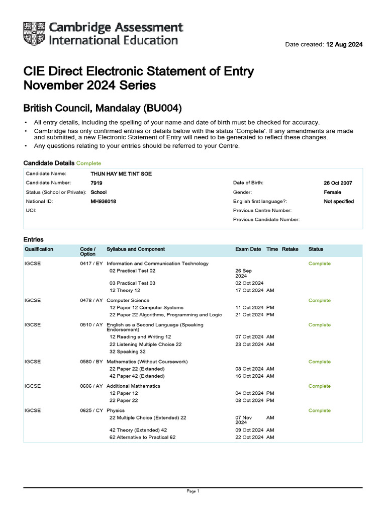 CIE IGCSE Entry Statement 2024 | PDF | Computing
