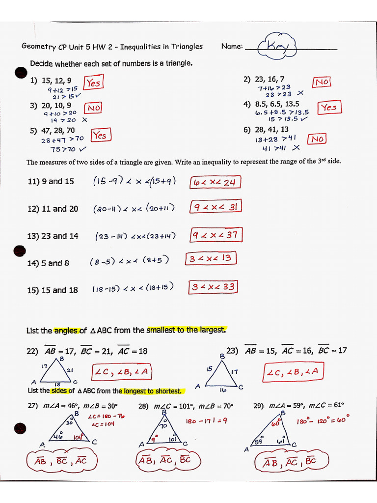 HW 2 - Inequalities in Triangles - KEY | PDF