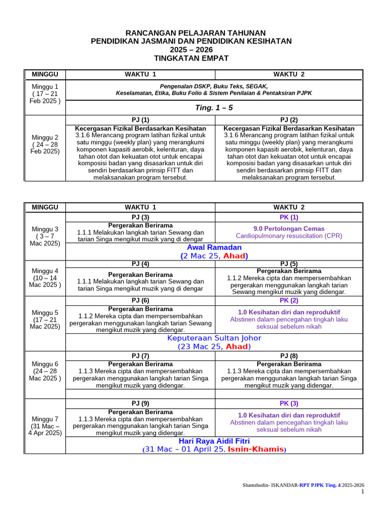 RPT PJPK Ting. 4 Tahun 2025-2026 | PDF