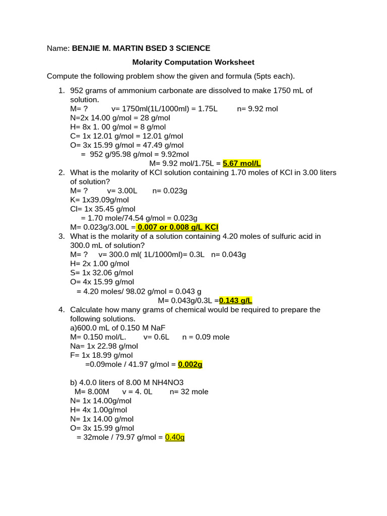 Molarity Computation Exercises | PDF