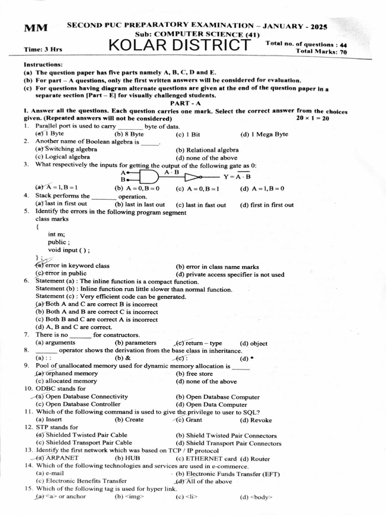 Computer Science Kolar District QP 2024-25 | PDF