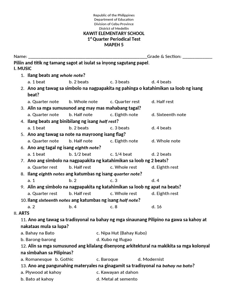 1st Quarter 2023-2024 MAPEH | PDF