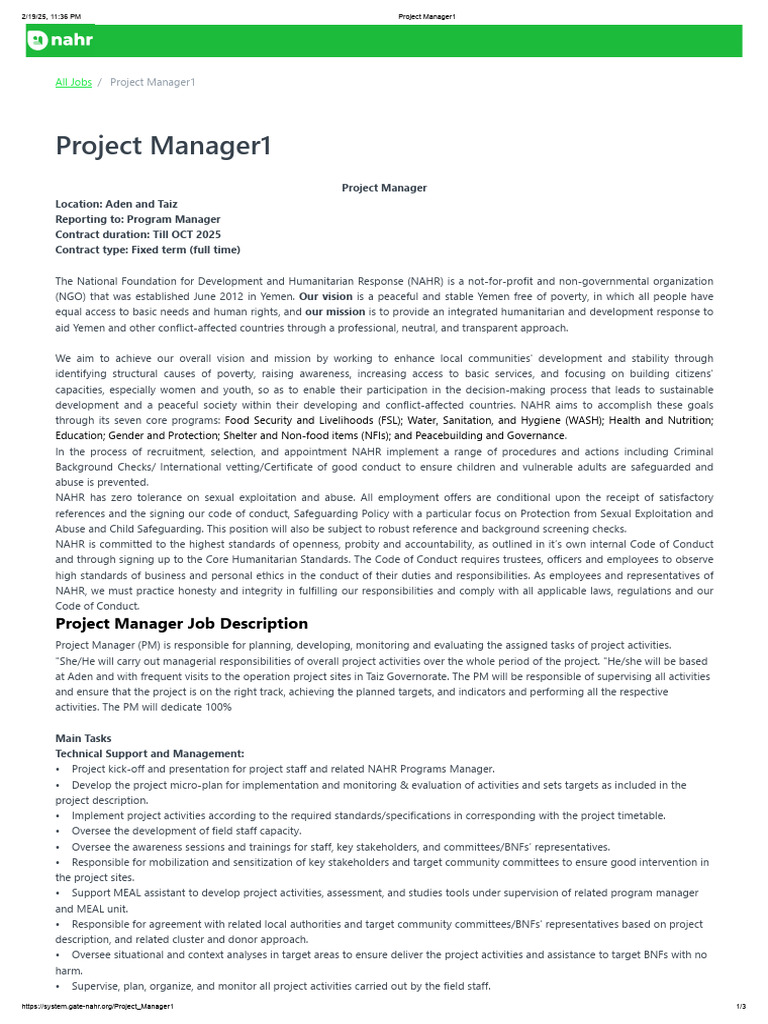 Project Manager Job in Yemen | PDF | Peacebuilding | Wash