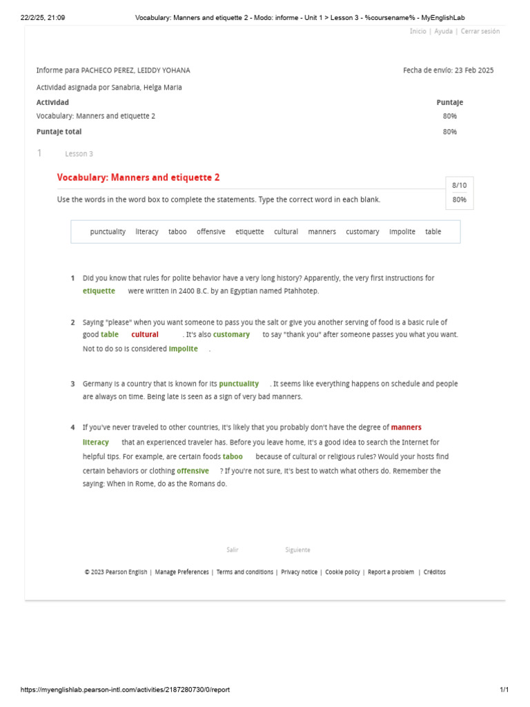 Vocabulary - Manners and Etiquette 2 - Modo - Informe - Unit 1 - Lesson ...