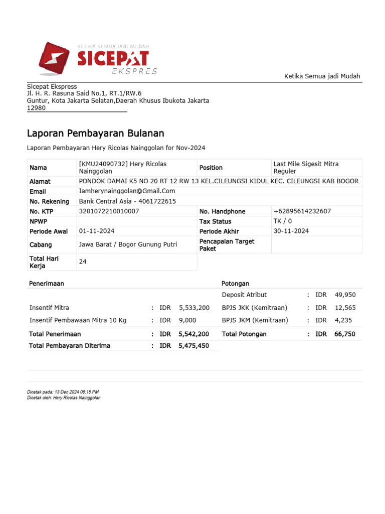 Payslip Report 2024-11-30 | PDF