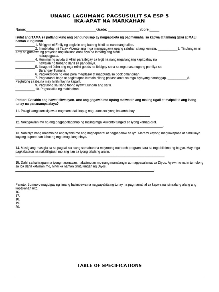 Unang Lagumang Pagsusulit Sa Esp 5 Ika-Apat Na Markahan | PDF
