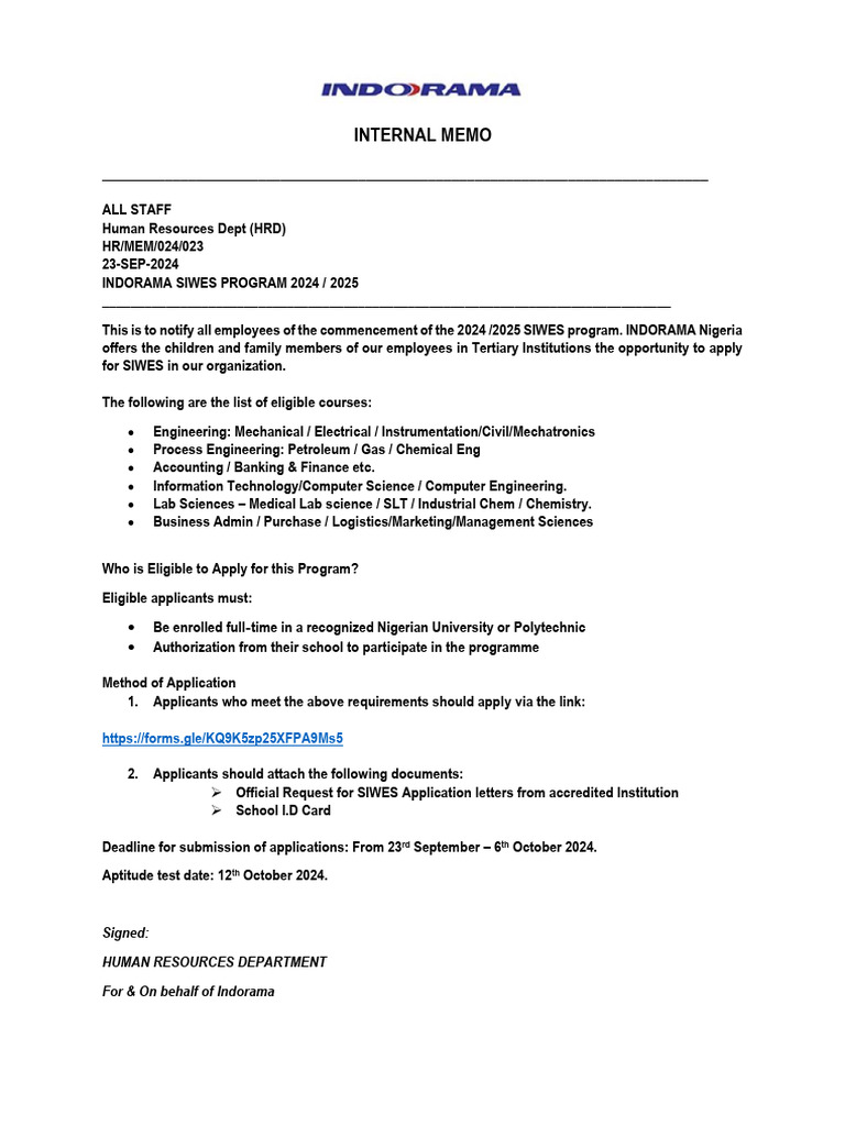 Internal Memo_ Indorama SIWES Program_24_25 | PDF