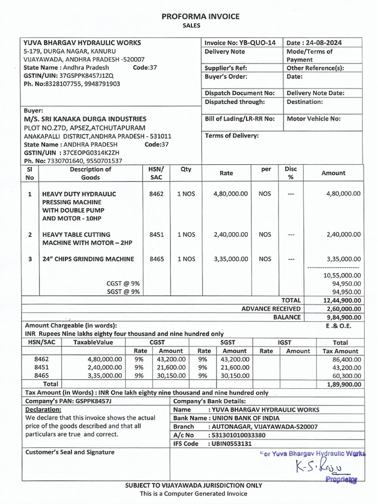 Proforma Invoice of Sri Kanaka Durga Industries | PDF