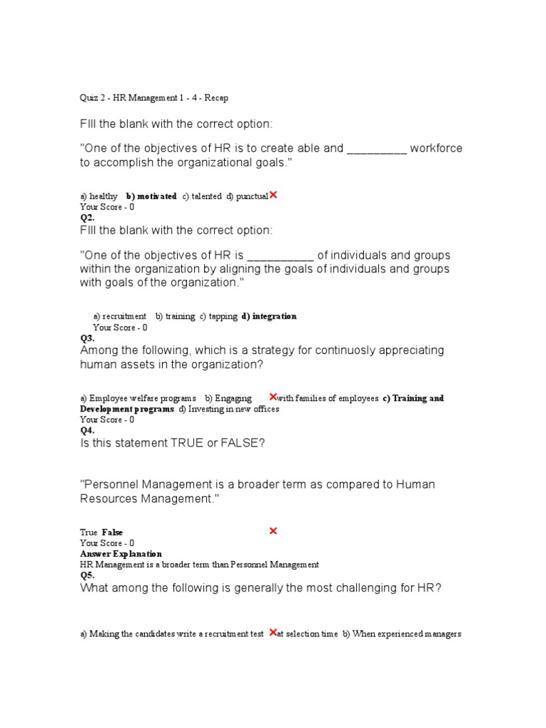 Quiz 2 - HR Management 1 - 4 - Recap | PDF