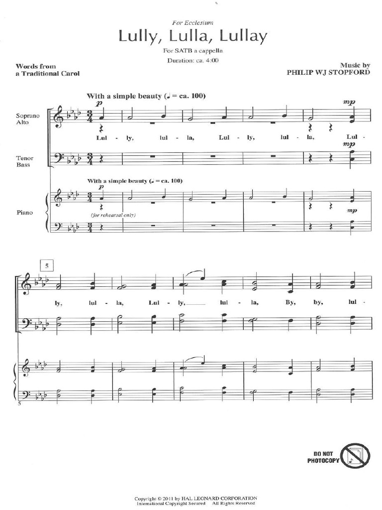 Lully, Lulla, Lullay - Arr. Philip Stopford (For SATB + Soprano Solo Acappella) | PDF