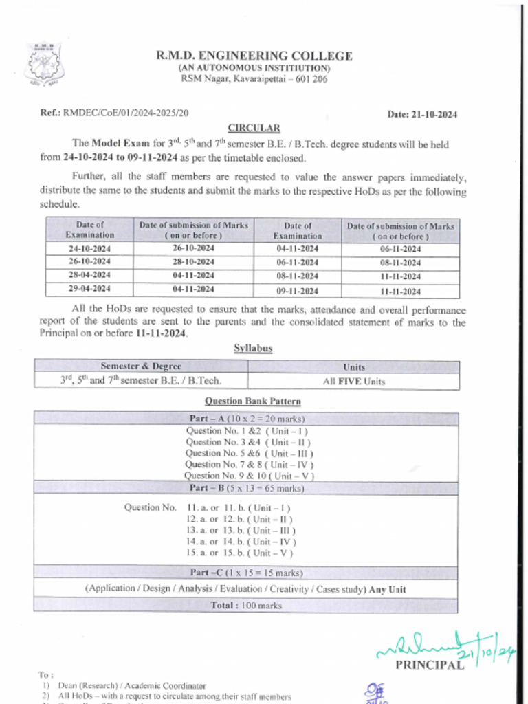 RMD - 3rd, 5th & 7th Model Exam Time Table | PDF