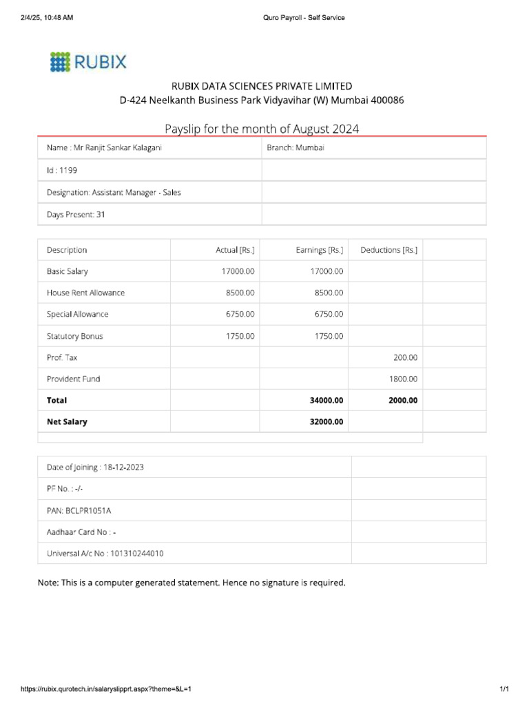 Rubix Aug-24 Salary Slip | PDF