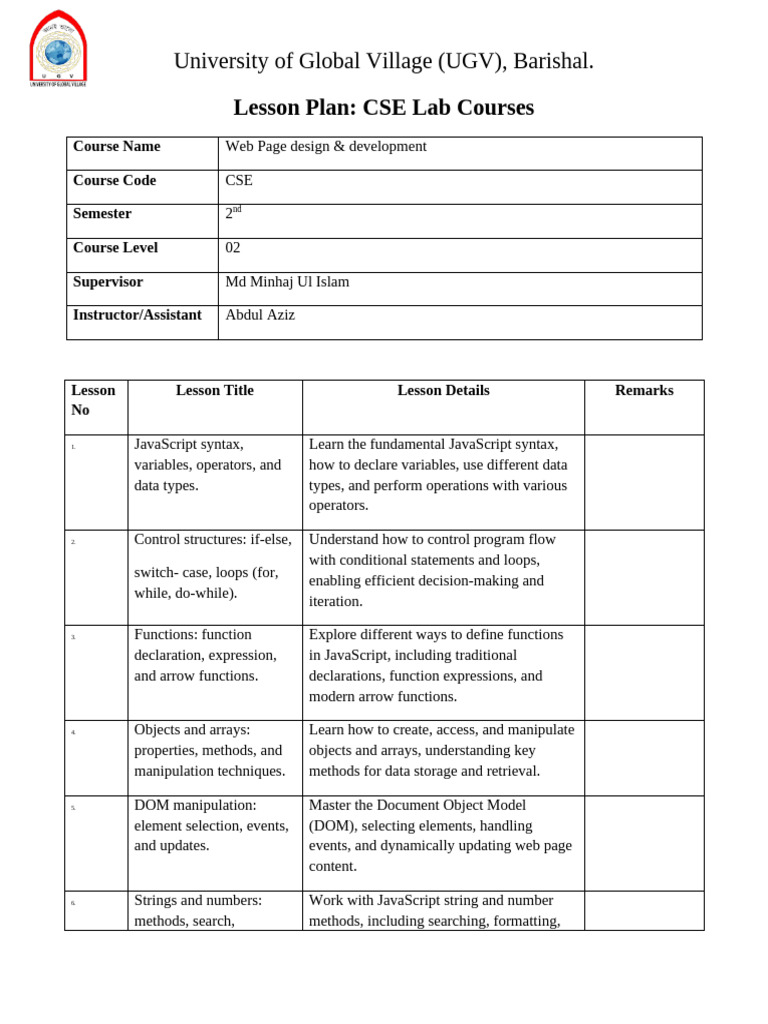 JavaScript Course Lesson Plan UGV | PDF | Java Script | Control Flow