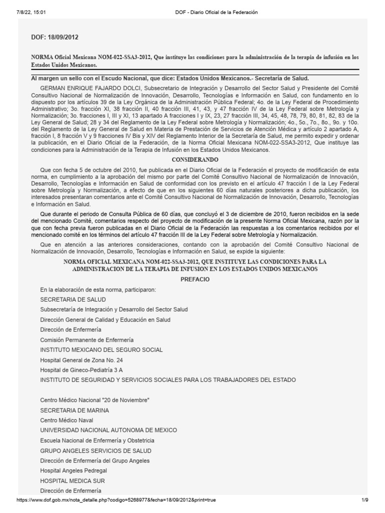 Norma 022 Terapia de Infusión | PDF | Terapia intravenosa | Cuidado de la salud