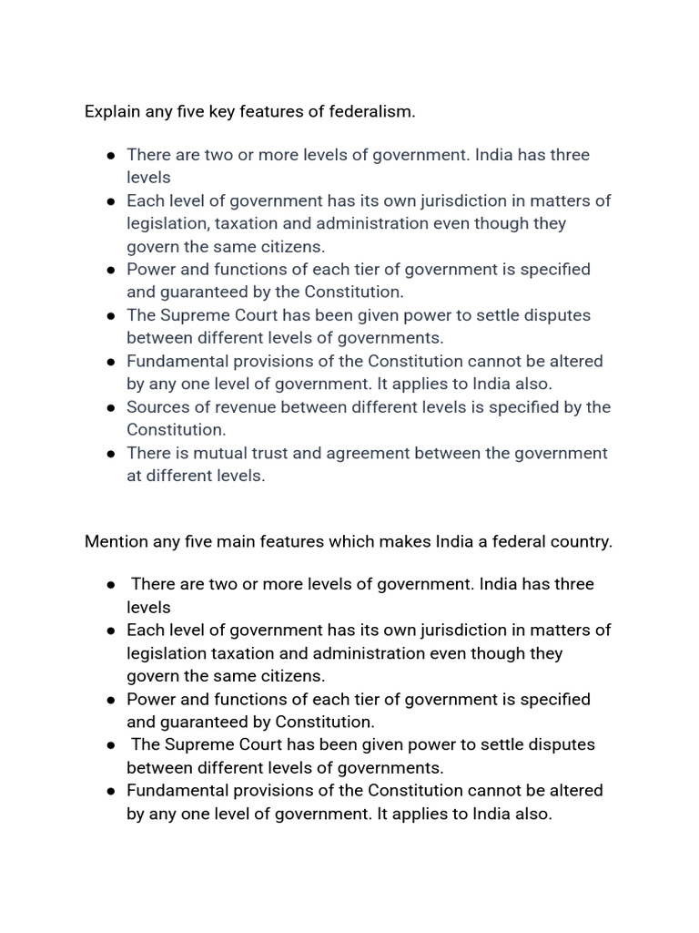 Federalism All Important Questions Pyqs+imp | PDF | Government | Governance