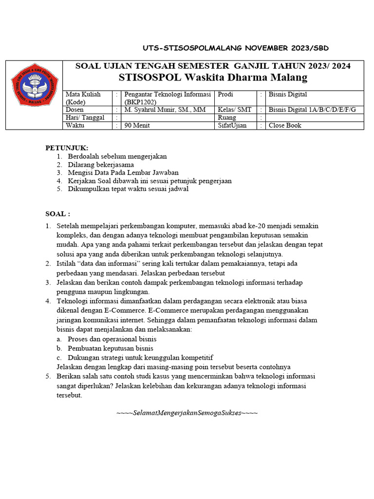 Soal UTS Pengantar TI Bisnis Digital 2023 | PDF