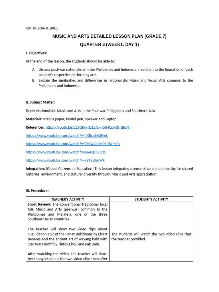 Music and Arts Q3 Grade 7 Lesson Plan | PDF | Philippines