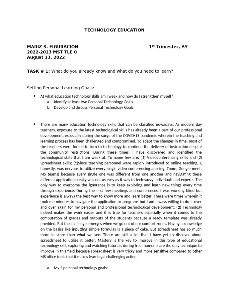 TECHNOLOGY EDUCATION Task 1 | PDF | Spreadsheet | Learning