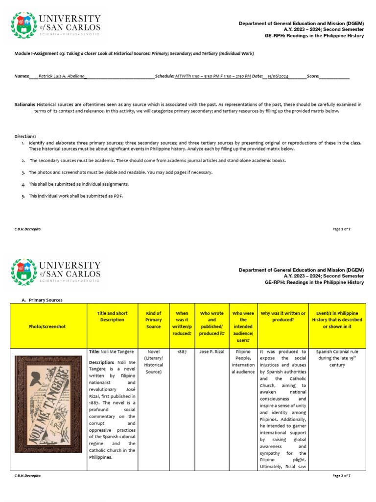 (3) Module I-Assignment 03- Taking a Closer Look at Historical Sources- Primary; Secondary; And ...