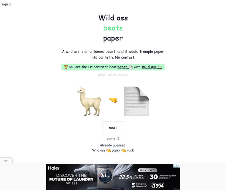 Wild Ass Beats Paper in Game | PDF