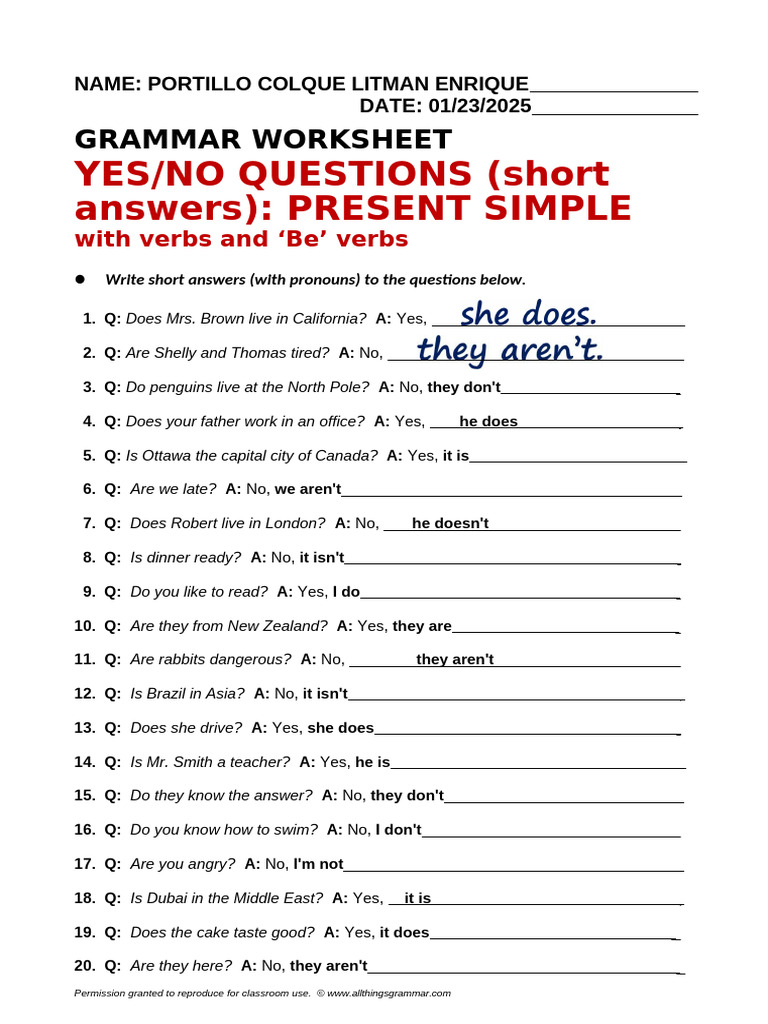 Present Simple Yes/No Questions Worksheet | PDF