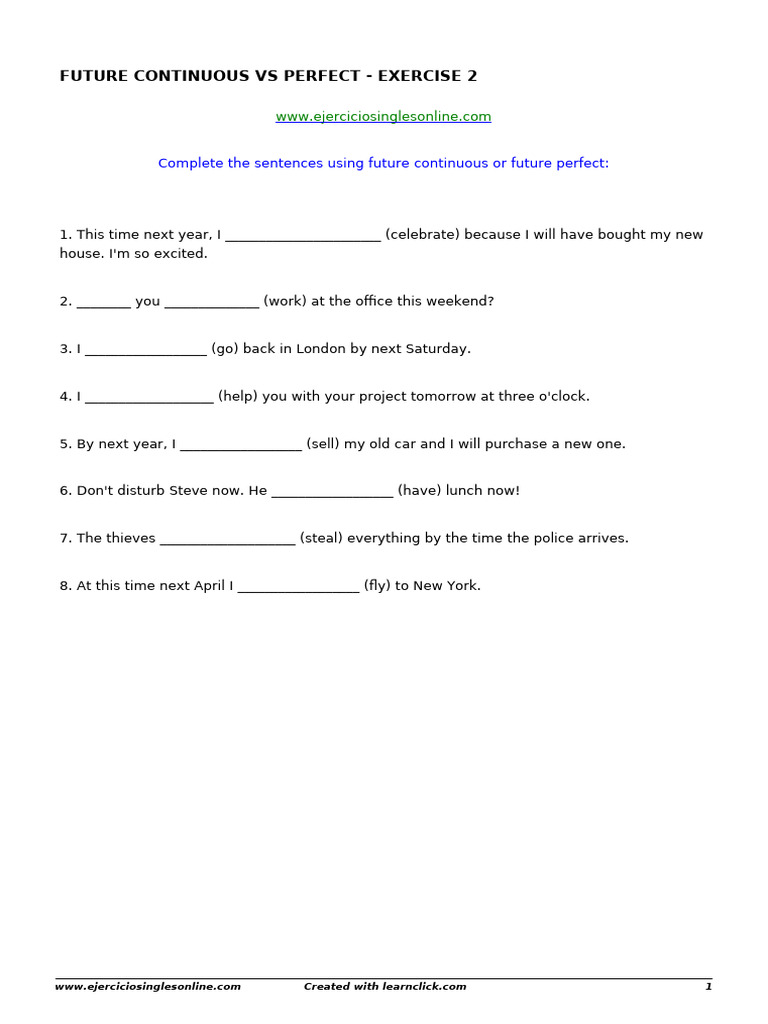 Future Continuous Vs Perfect Exercise 2 | PDF