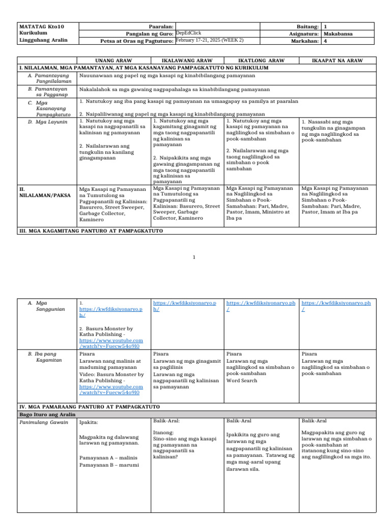 Makabansa 1 - DLL - Q4 - Week 2 | PDF