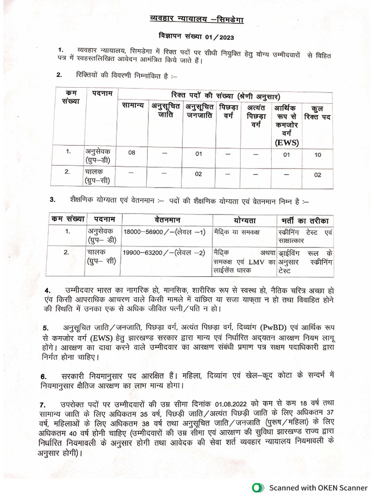Class IV Recruitment Civil Court Simdega | PDF