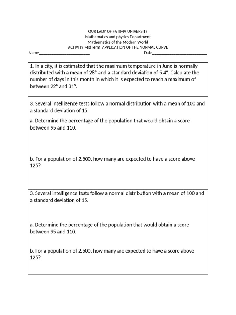 Application of Normal Curve Activity | PDF
