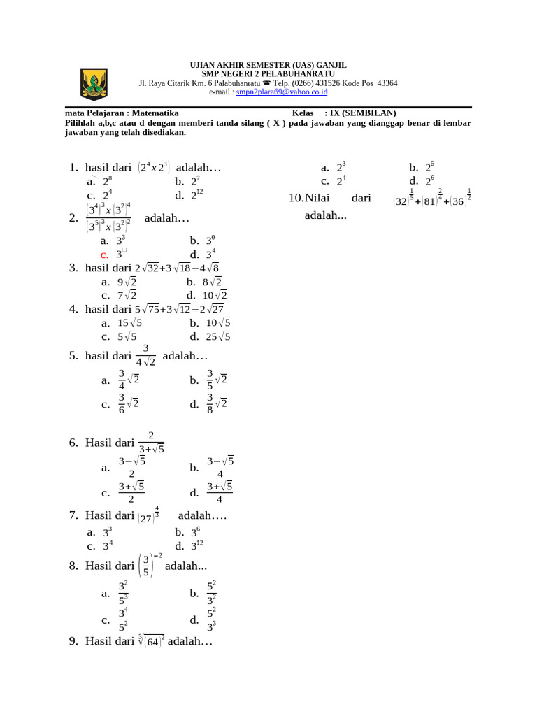 Soal Pas MTK Kelas 9 24-25 | PDF
