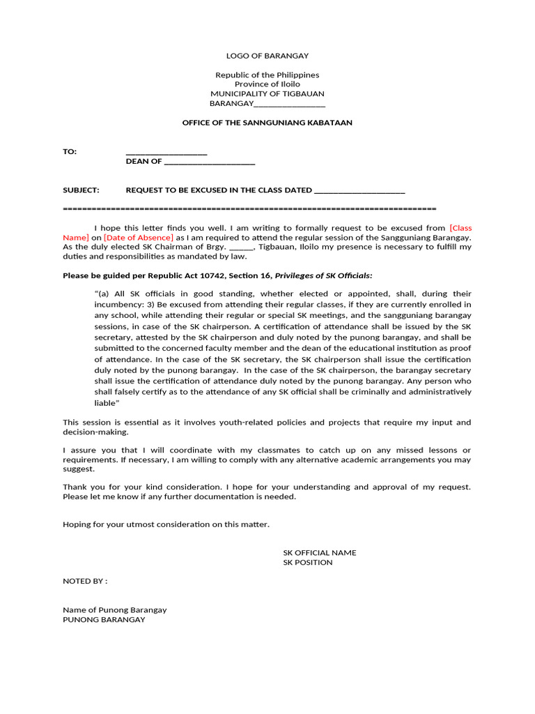 SK Official Class Absence Request Letter | PDF | Government | Justice