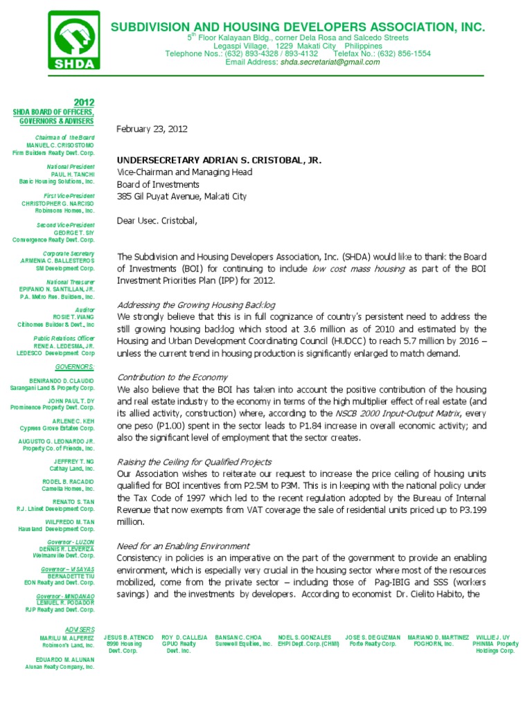 2012 Shda To Boi Letter On Ith | PDF | Regulatory Compliance | Economies